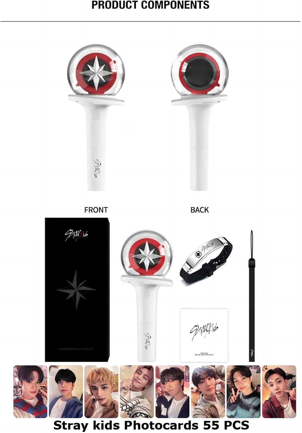 Niaycouky Stray Kids Lightstick,Cheering Lights for Concert Light Sticks/K-Pop Kids Lightstick with Merch Merchandise Bracelets and Photocards 55PCS (VER 2)
