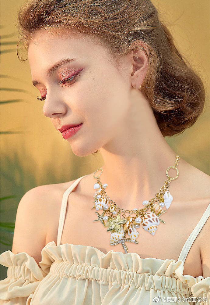 Halawly Shell Necklace Choker Mermaid Tail Necklace - Fashion Sea Shell Starfish Faux Pearl Collar Bib Statement Chunky Necklace Pendant (Shell Necklace Set)
