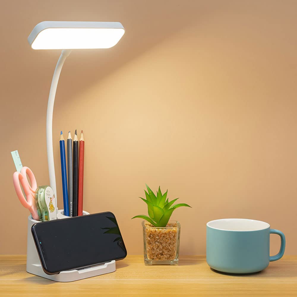 Bovmics LED Desk Lamp with 2 USB Charging Port and 3 AC Outlet, 3 Color Temperatures,Adjustable Neck, On/Off Switch,Eye-Caring Home Office Foldable Table Lamp (White)