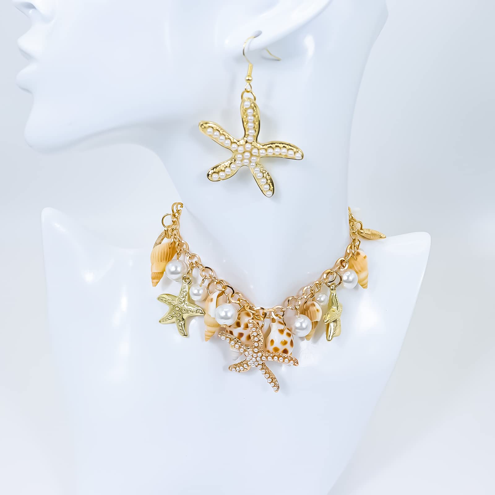 Halawly Shell Necklace Choker Mermaid Tail Necklace - Fashion Sea Shell Starfish Faux Pearl Collar Bib Statement Chunky Necklace Pendant (Shell Necklace Set)