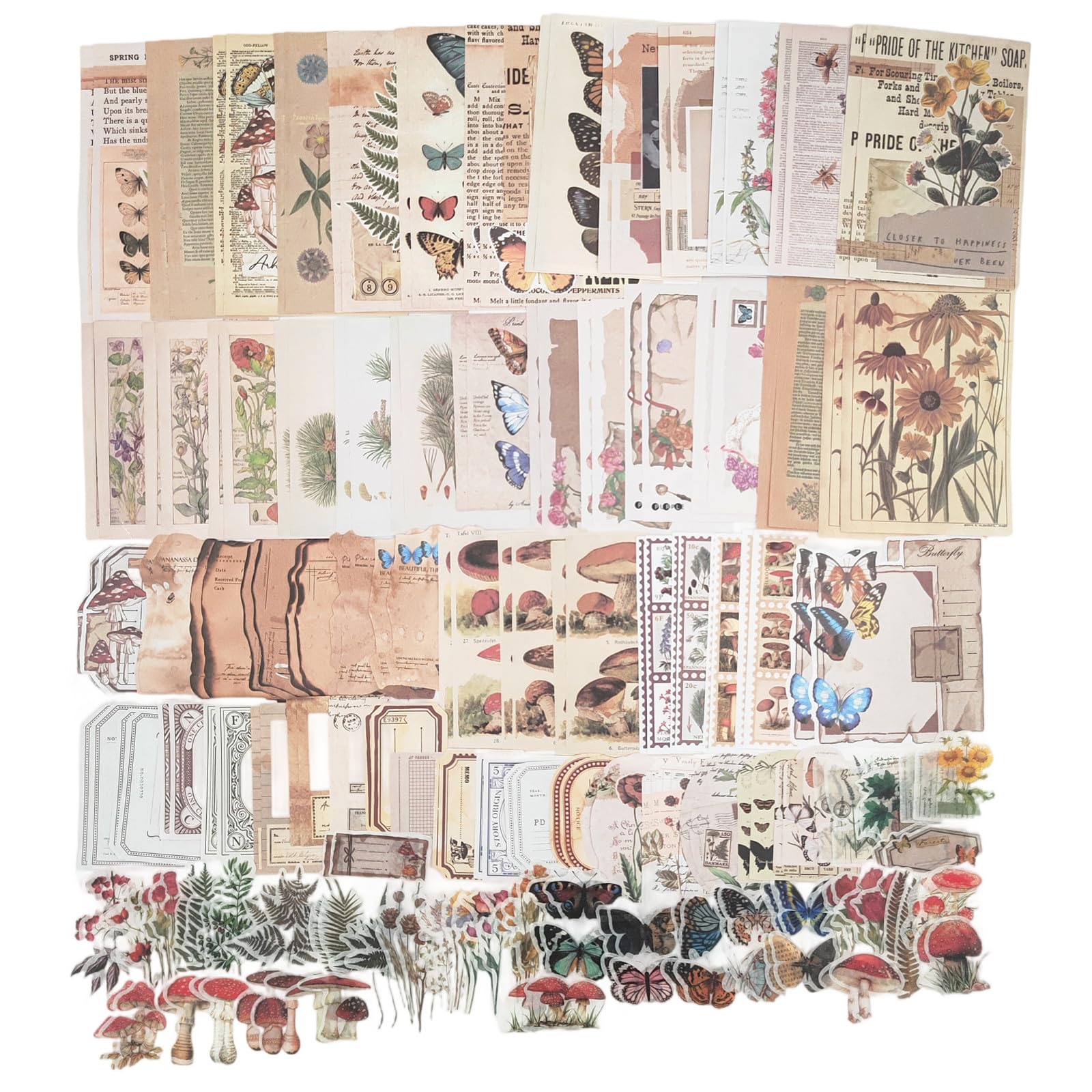 200PCS Vintage Scrapbooking Supplies Kit for Journaling, Scrapbook Sticker Paper Pack for for Bullet Journals Junk Journal Planners Aesthetic Cottagecore Room Decor Wall Art Collage Album (Nature)