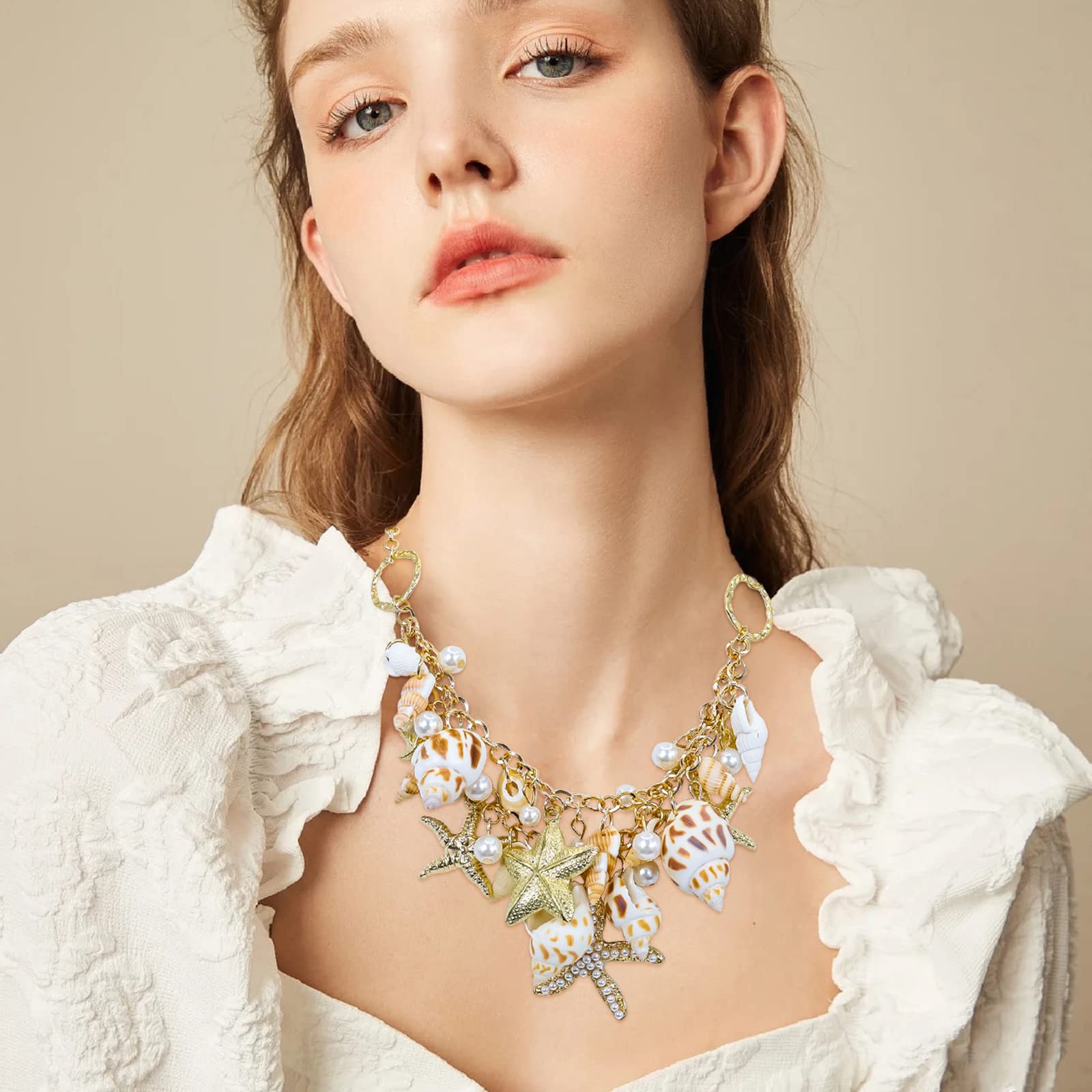 Halawly Shell Necklace Choker Mermaid Tail Necklace - Fashion Sea Shell Starfish Faux Pearl Collar Bib Statement Chunky Necklace Pendant (Shell Necklace Set)