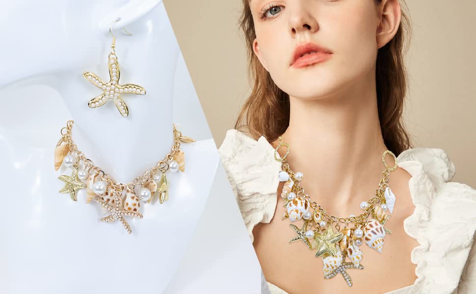 Halawly Shell Necklace Choker Mermaid Tail Necklace - Fashion Sea Shell Starfish Faux Pearl Collar Bib Statement Chunky Necklace Pendant (Shell Necklace Set)