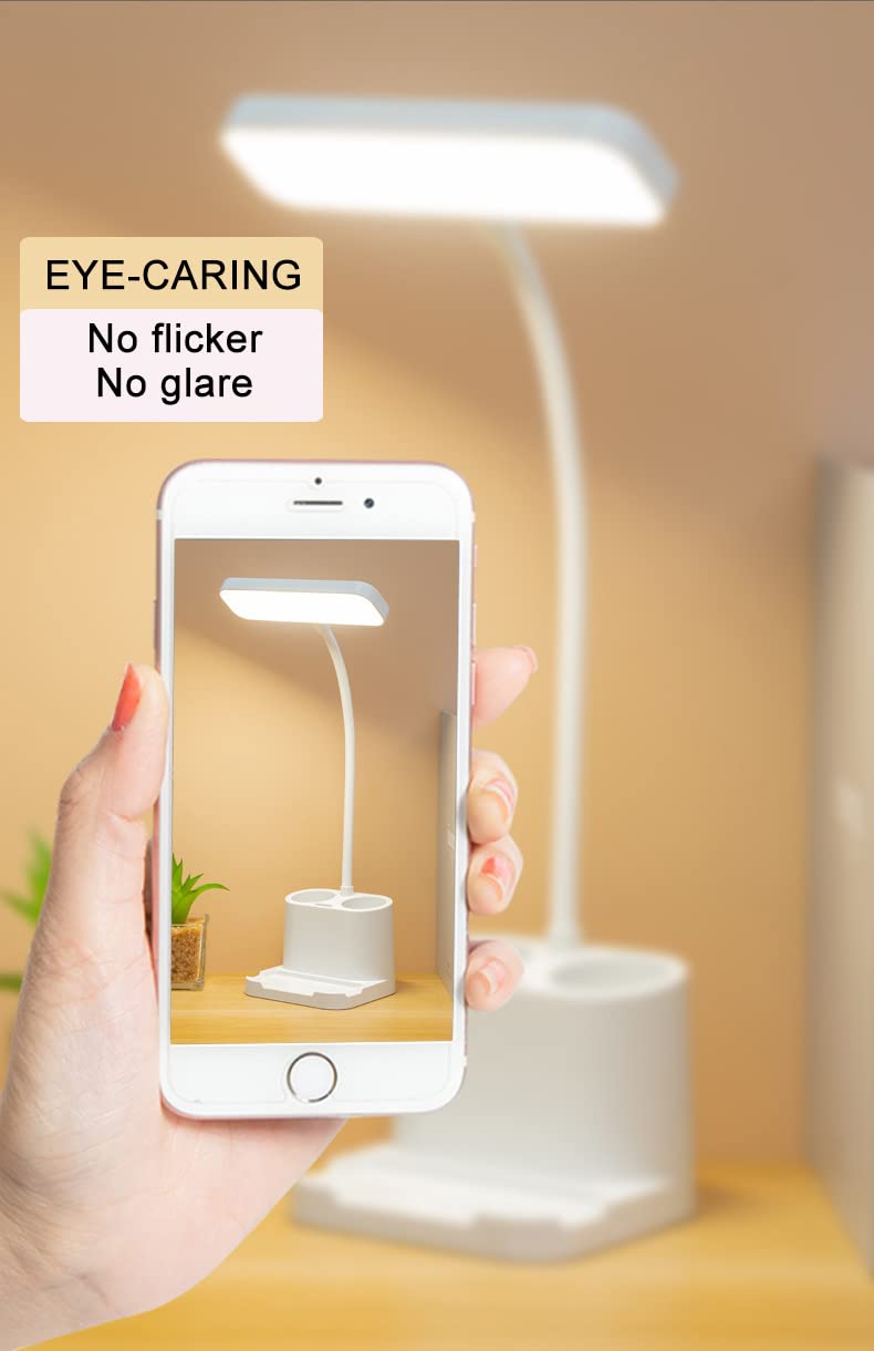 Bovmics LED Desk Lamp with 2 USB Charging Port and 3 AC Outlet, 3 Color Temperatures,Adjustable Neck, On/Off Switch,Eye-Caring Home Office Foldable Table Lamp (White)