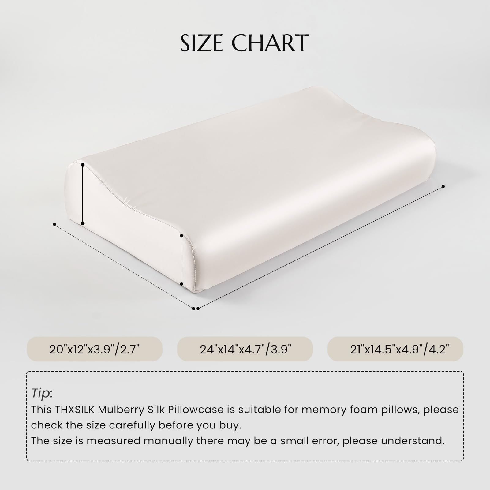 THXSILK 19 Momme 100% Mulberry Silk Pillowcase for Contour Memory Foam Pillow, Contour Pillow Case Cover, Cervical Pillow Case, Pack of 1(Natural White, 20"x12"x3.9"/2.7")