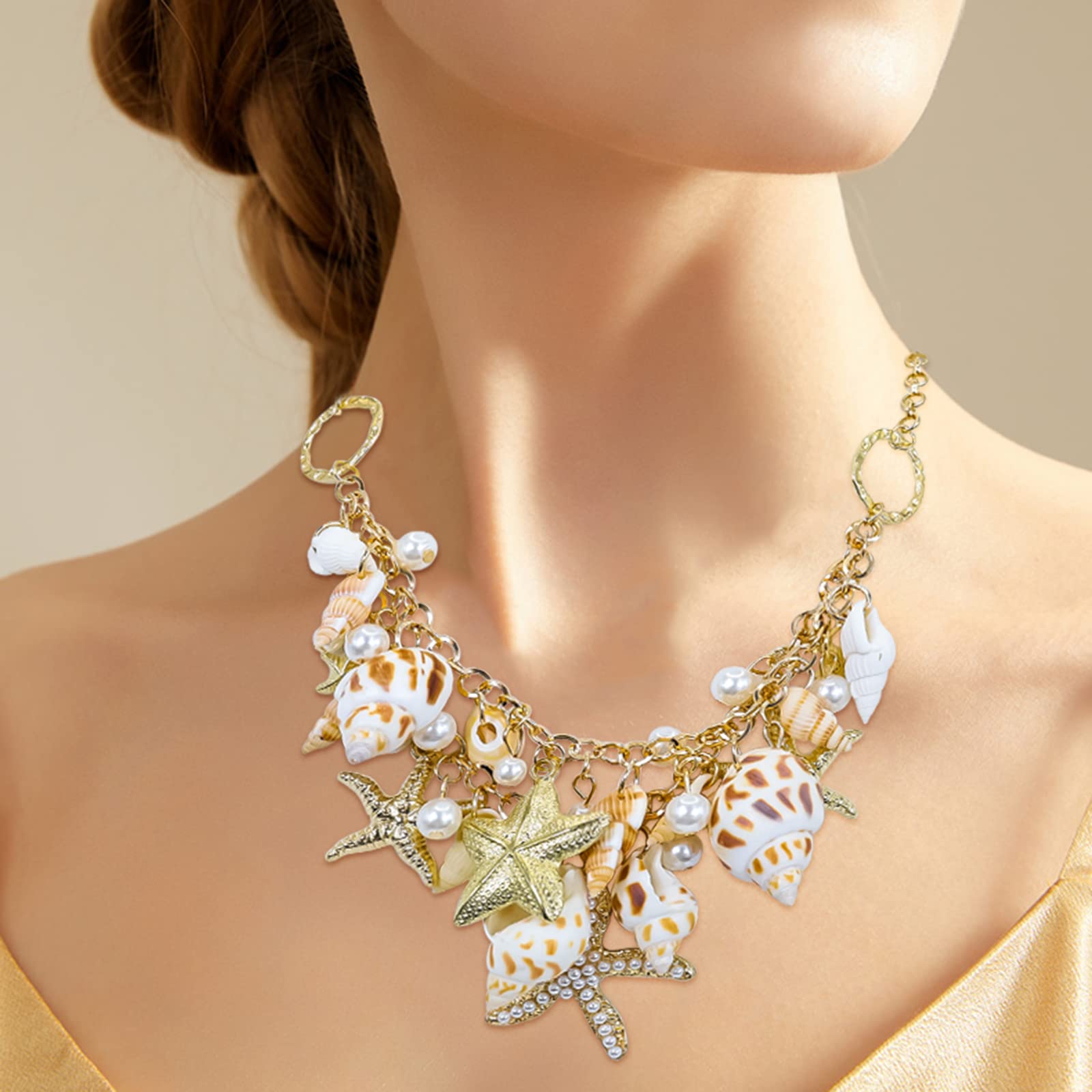 Halawly Shell Necklace Choker Mermaid Tail Necklace - Fashion Sea Shell Starfish Faux Pearl Collar Bib Statement Chunky Necklace Pendant (Shell Necklace Set)