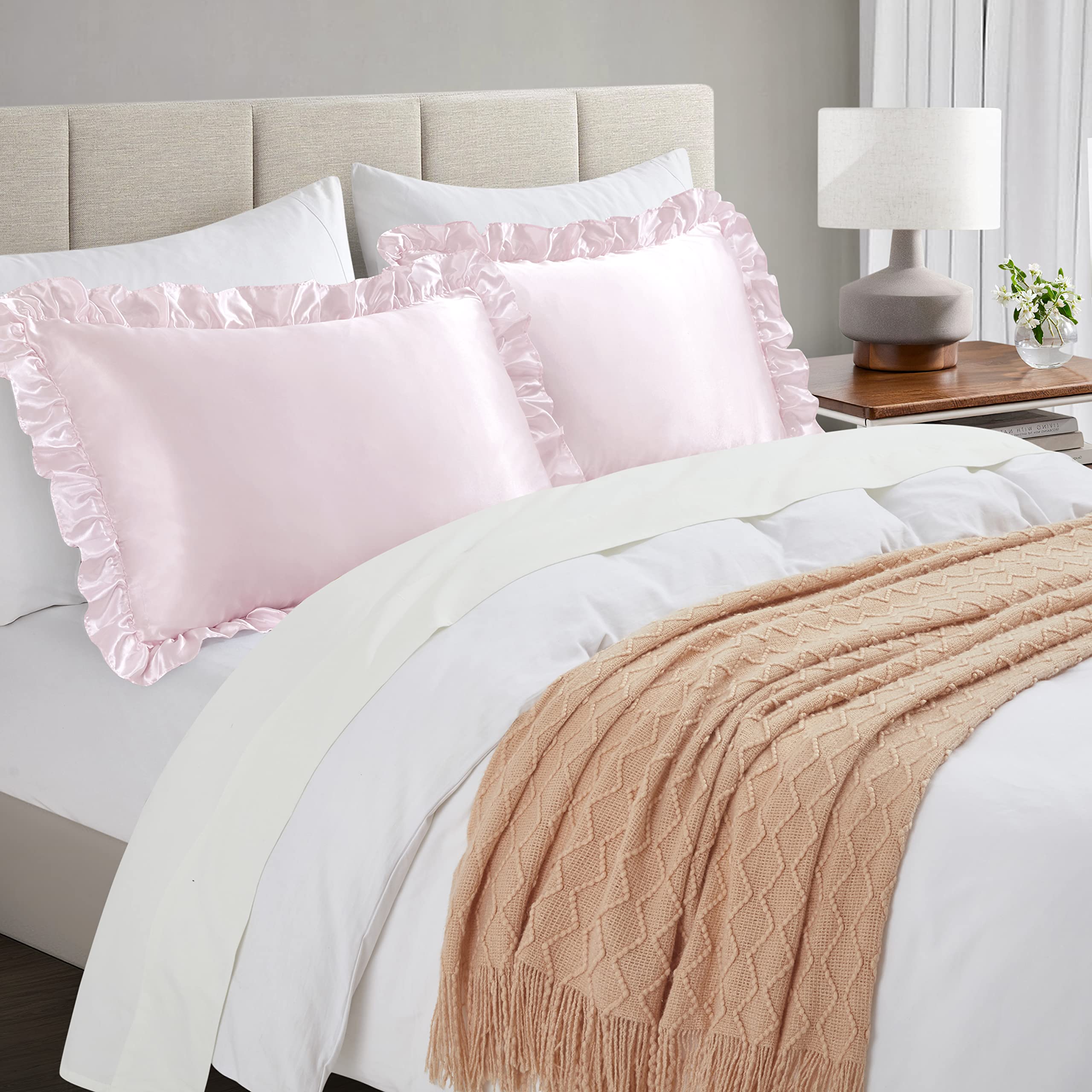 HommxJF Silky Pink Satin Ruffled Pillow Cases for Hair and Skin,Blush Pink Silk Pillowcases Standard Set of 2 with Envelope Closure Princess Room Decoration