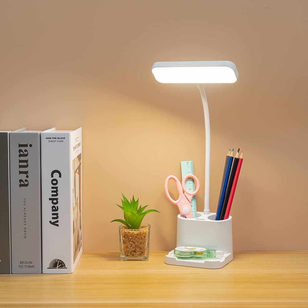 Bovmics LED Desk Lamp with 2 USB Charging Port and 3 AC Outlet, 3 Color Temperatures,Adjustable Neck, On/Off Switch,Eye-Caring Home Office Foldable Table Lamp (White)