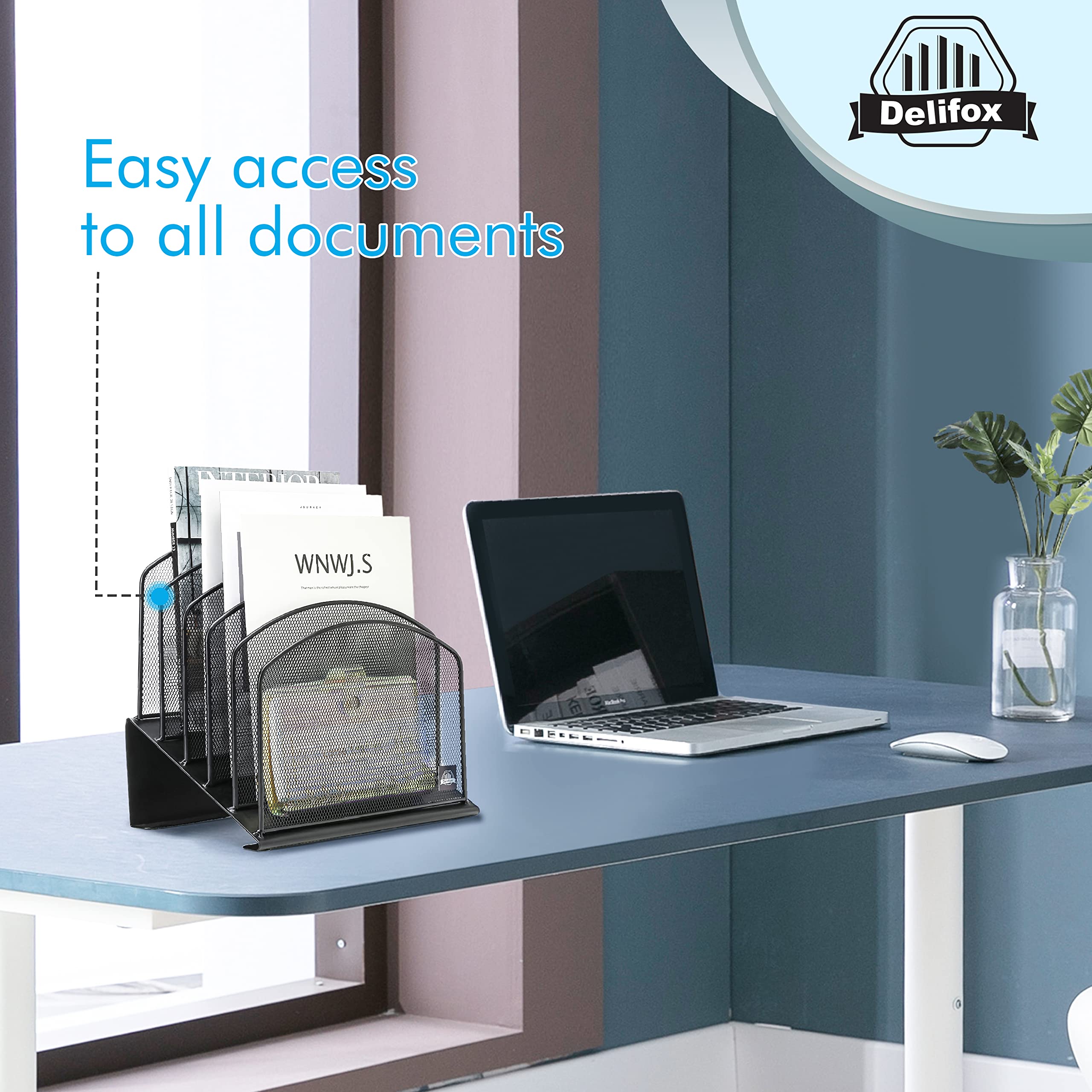 Delifox Inclined Desk File Organizer, 5-Section Vertical File Folder Holder Mail Sorter Stand Up Metal Rack for Office Classroom Desktop Organization