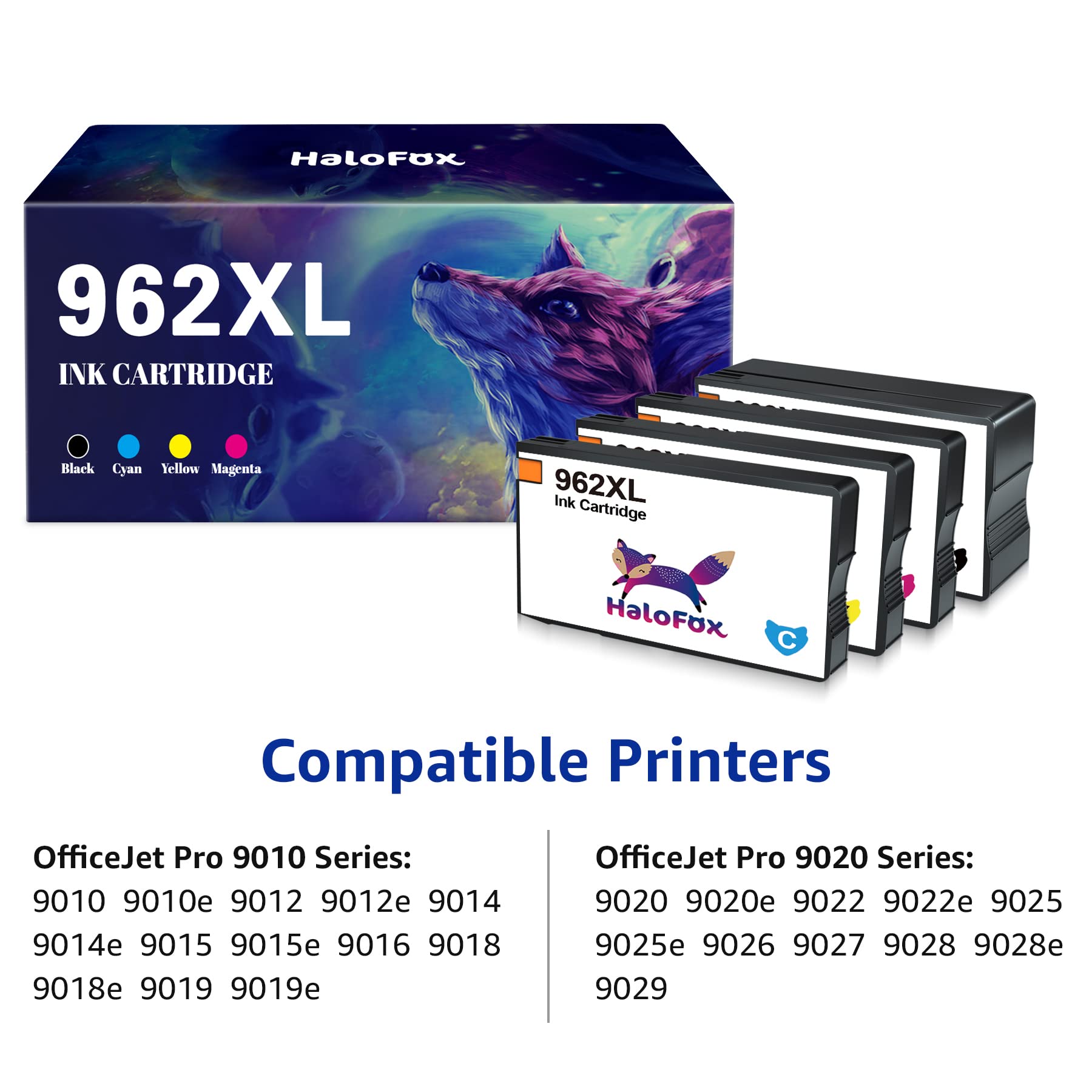 HaloFox Remanufactured Ink Cartridge Replacement for HP 962XL 962 HP962 XL for HP OfficeJet Pro 9010 9015 9025 9018 9020 9012 9019 9016 9014 9027 9029 9026 9022 9028 Ink (High Yield, 4 Combo Pack)