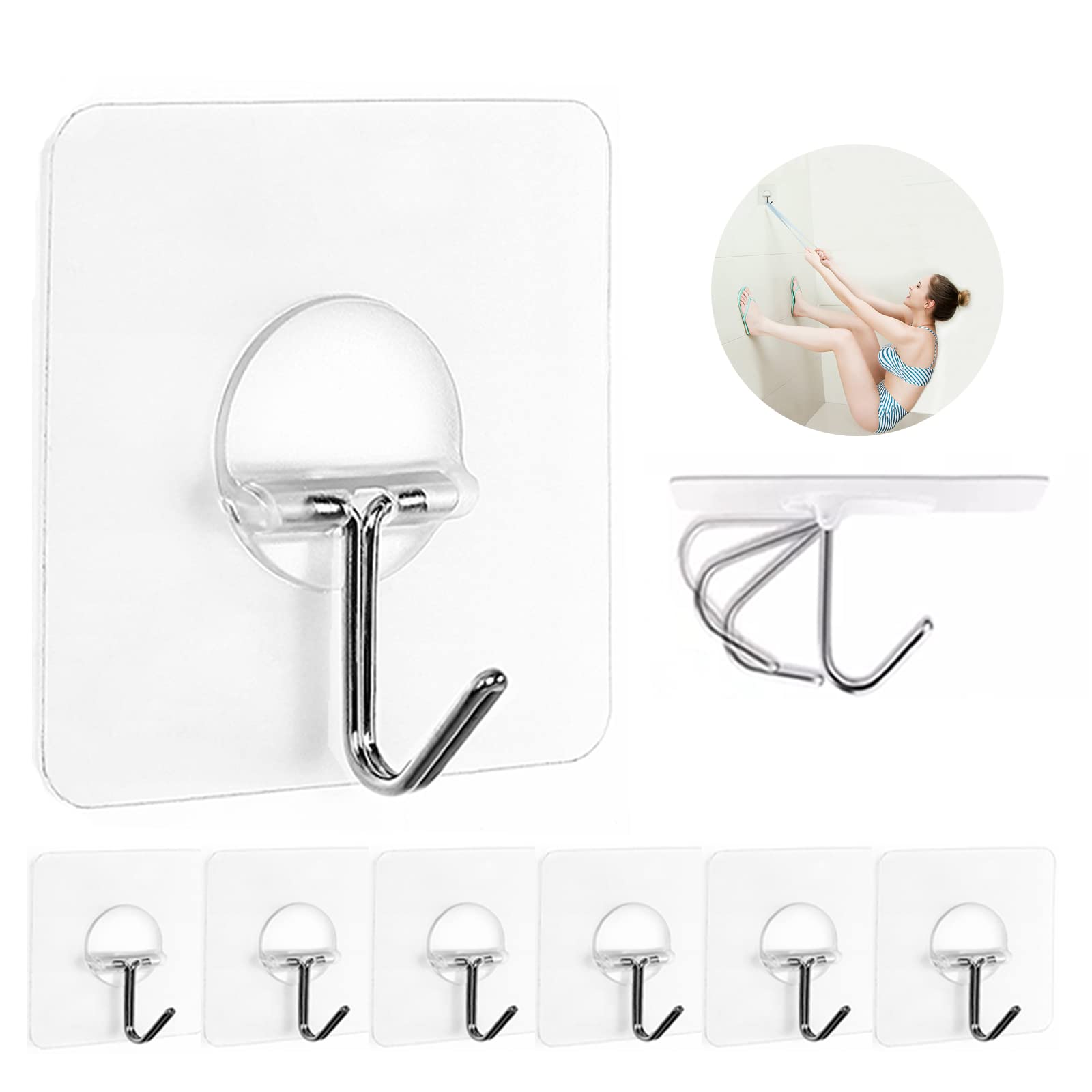 JINSHUNFA Wall Hooks 13lb(Max) Transparent Reusable Seamless Hooks,Waterproof and Oilproof,Bathroom Kitchen Heavy Duty Self Adhesive Hooks,8 Pack