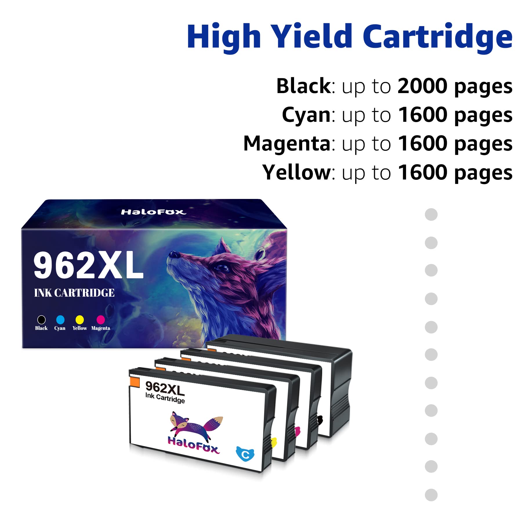 HaloFox Remanufactured Ink Cartridge Replacement for HP 962XL 962 HP962 XL for HP OfficeJet Pro 9010 9015 9025 9018 9020 9012 9019 9016 9014 9027 9029 9026 9022 9028 Ink (High Yield, 4 Combo Pack)