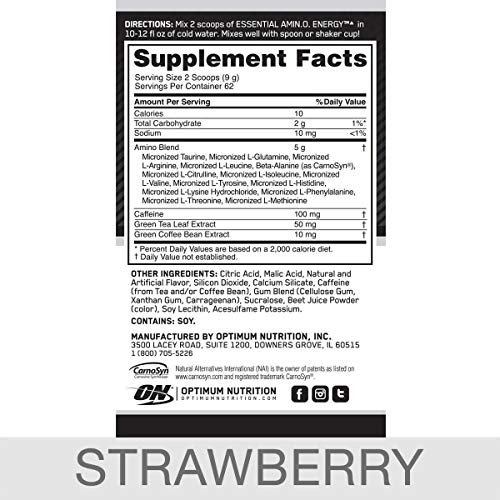 Optimum Nutrition Essential Amino Energy, Juicy Strawberry Burst, Preworkout and Postworkout Recovery with Essential Amino Acids and Caffeine from Natural Sources, 62 Servings, 1.23 lb, Pack of 1