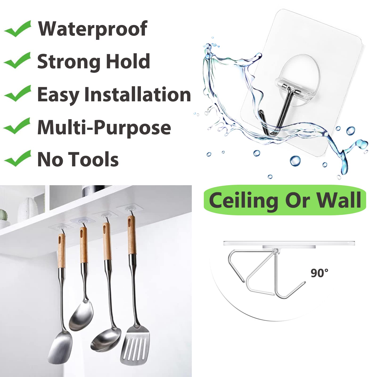 JINSHUNFA Wall Hooks 13lb(Max) Transparent Reusable Seamless Hooks,Waterproof and Oilproof,Bathroom Kitchen Heavy Duty Self Adhesive Hooks,8 Pack