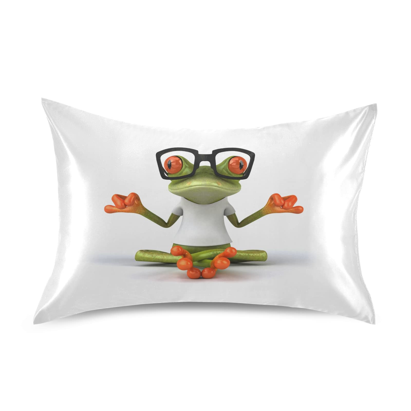 Oyihfvs Funny Cute Green Frog Sitting Wearing a White T-Shirt Sunglasses Silky Satin Pillowcase for Hair and Skin, Soft Bed Pillow Cover, Decorative Silk Pillow Cases, Standard Size 20x26 inches