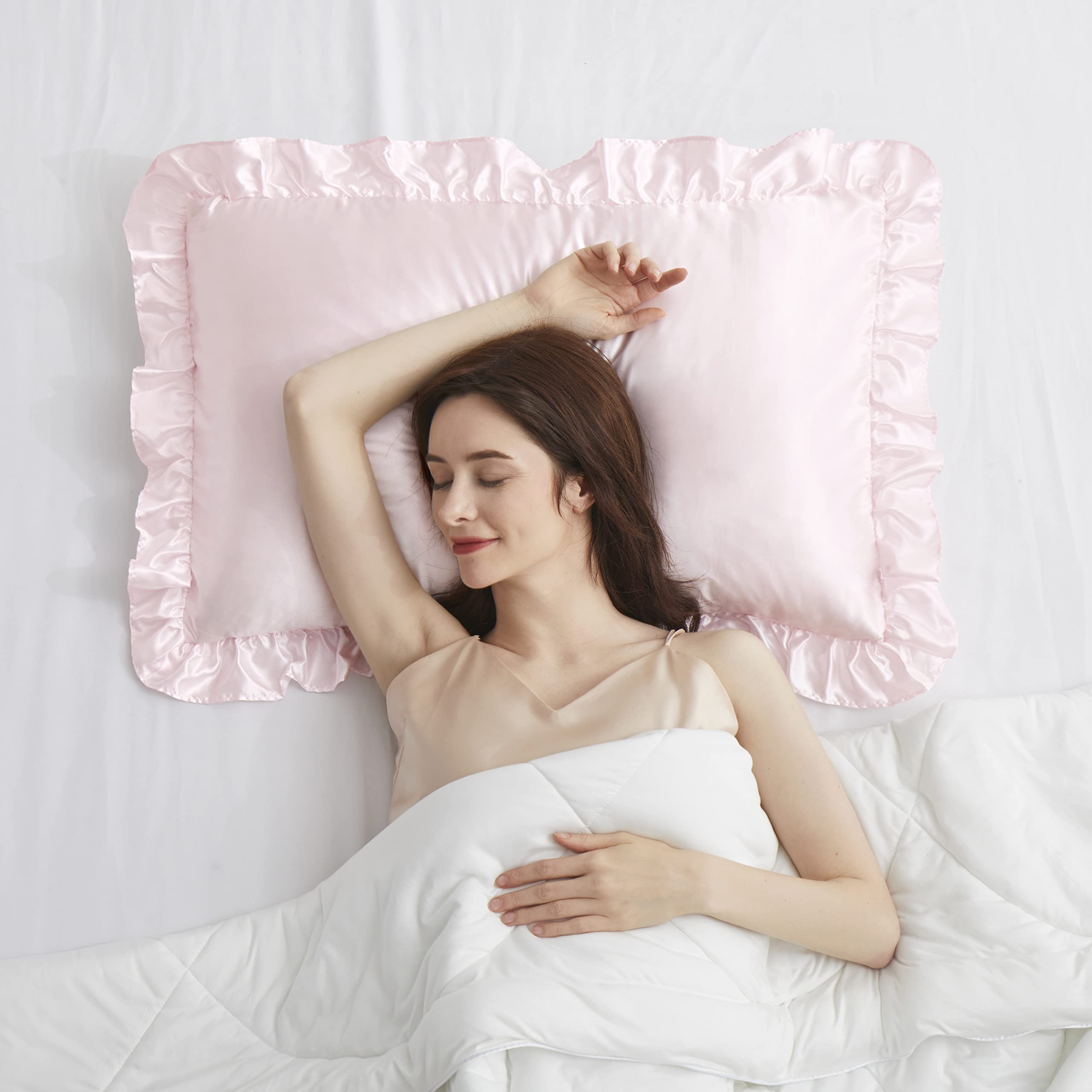HommxJF Silky Pink Satin Ruffled Pillow Cases for Hair and Skin,Blush Pink Silk Pillowcases Standard Set of 2 with Envelope Closure Princess Room Decoration