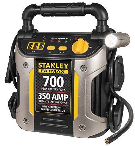 STANLEY FATMAX J7CS Portable Power Station Jump Starter: 700 Peak/350 Instant Amps, 120 PSI Air Compressor, 3.1A USB Ports, Battery Clamps