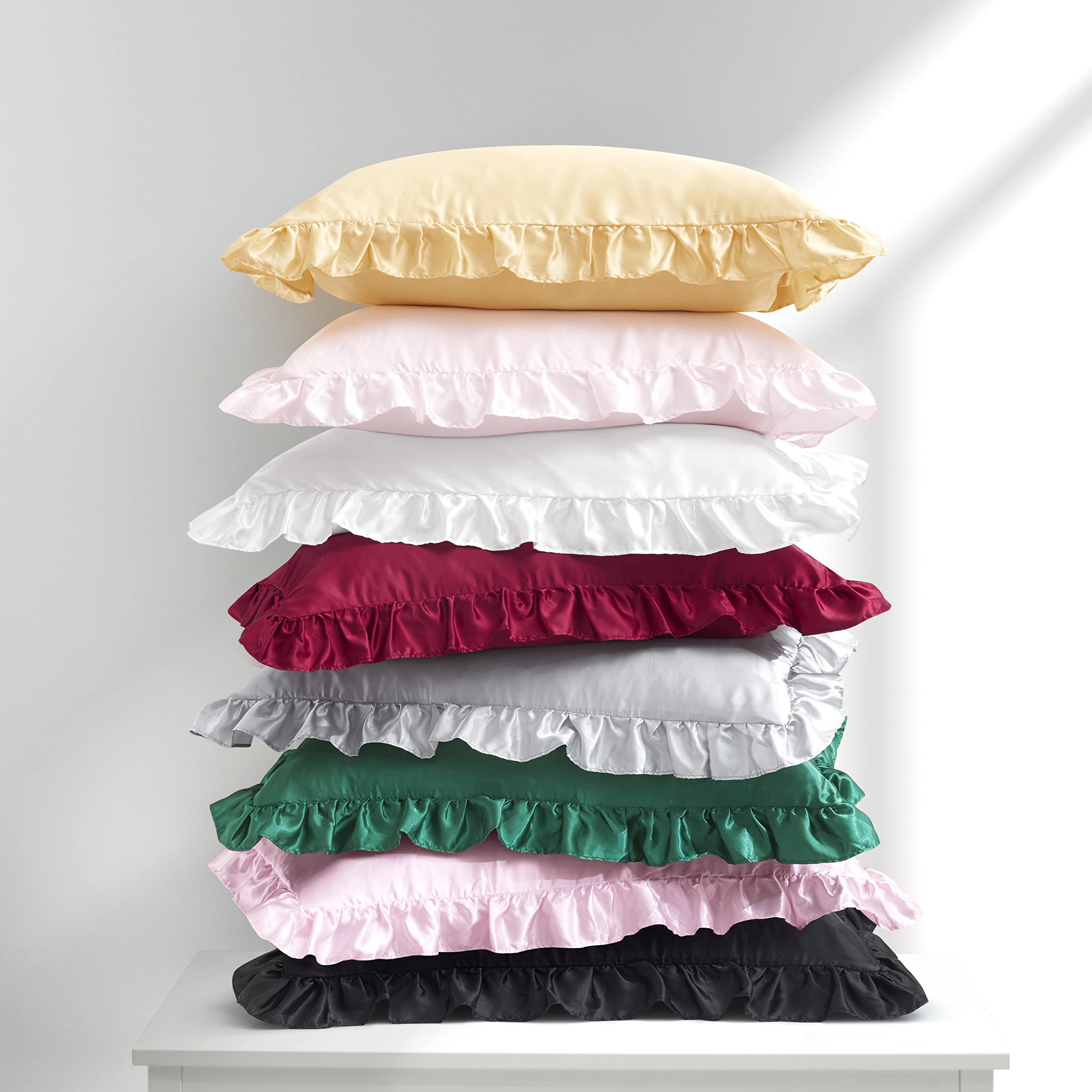 HommxJF Silky Pink Satin Ruffled Pillow Cases for Hair and Skin,Blush Pink Silk Pillowcases Standard Set of 2 with Envelope Closure Princess Room Decoration