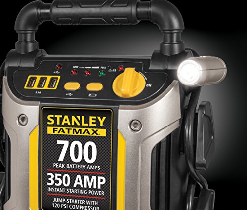 STANLEY FATMAX J7CS Portable Power Station Jump Starter: 700 Peak/350 Instant Amps, 120 PSI Air Compressor, 3.1A USB Ports, Battery Clamps