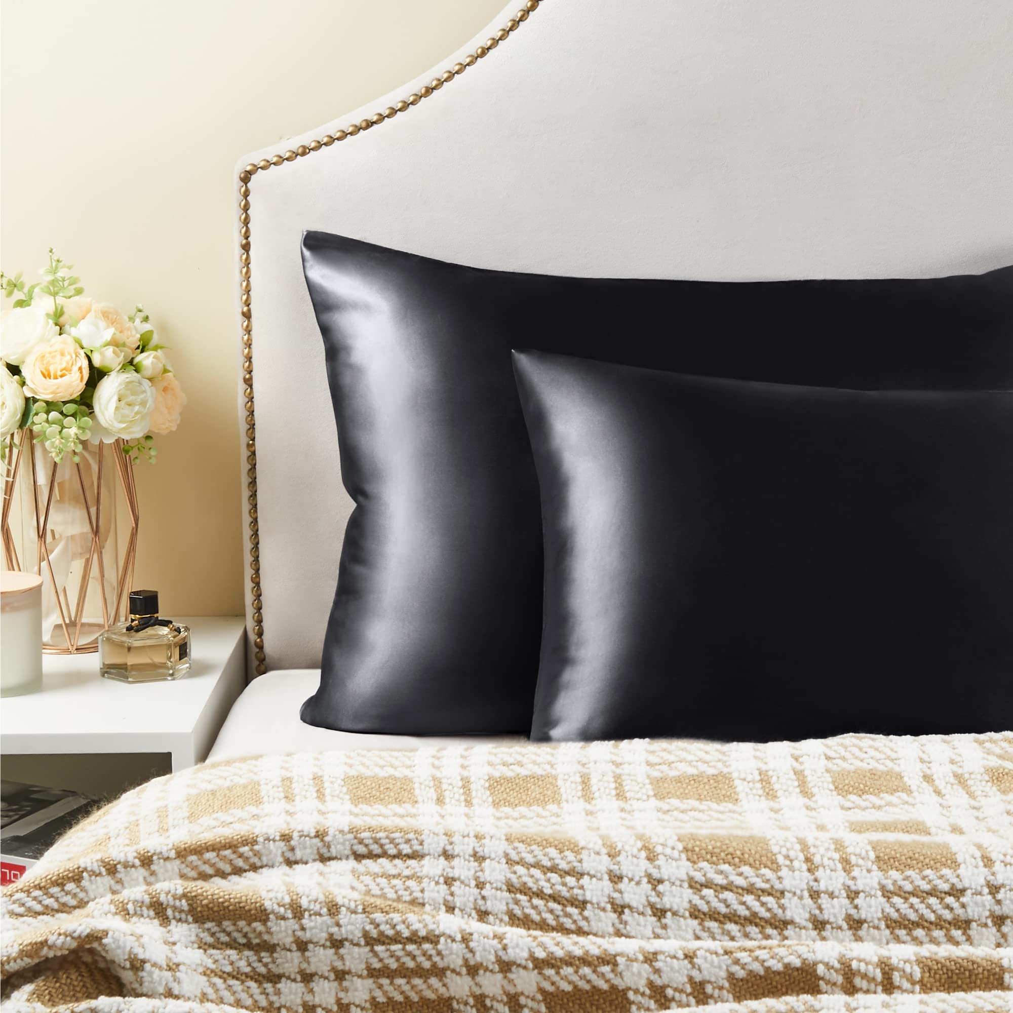 BEDELITE Satin Pillowcase for Hair and Skin, Super Soft Similar to Silk Pillow Cases 4 Pack with Envelope Closure, Cooling Pillowcases for Women Men (20"x26" Standard Size, Black)