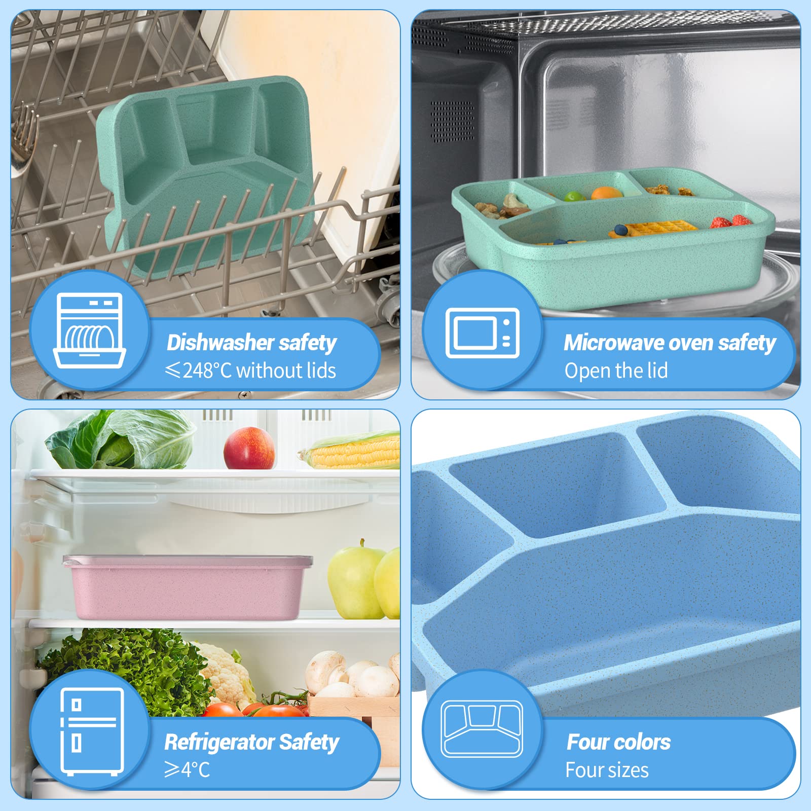 Bento Lunch Box for Kids (4 Pack), 4-Compartment Meal Prep Container with Transparent Cover, Freezer and Dishwasher Safe Food Storage Containers, Reusable Bento Adult Lunch Box for Work School Travel