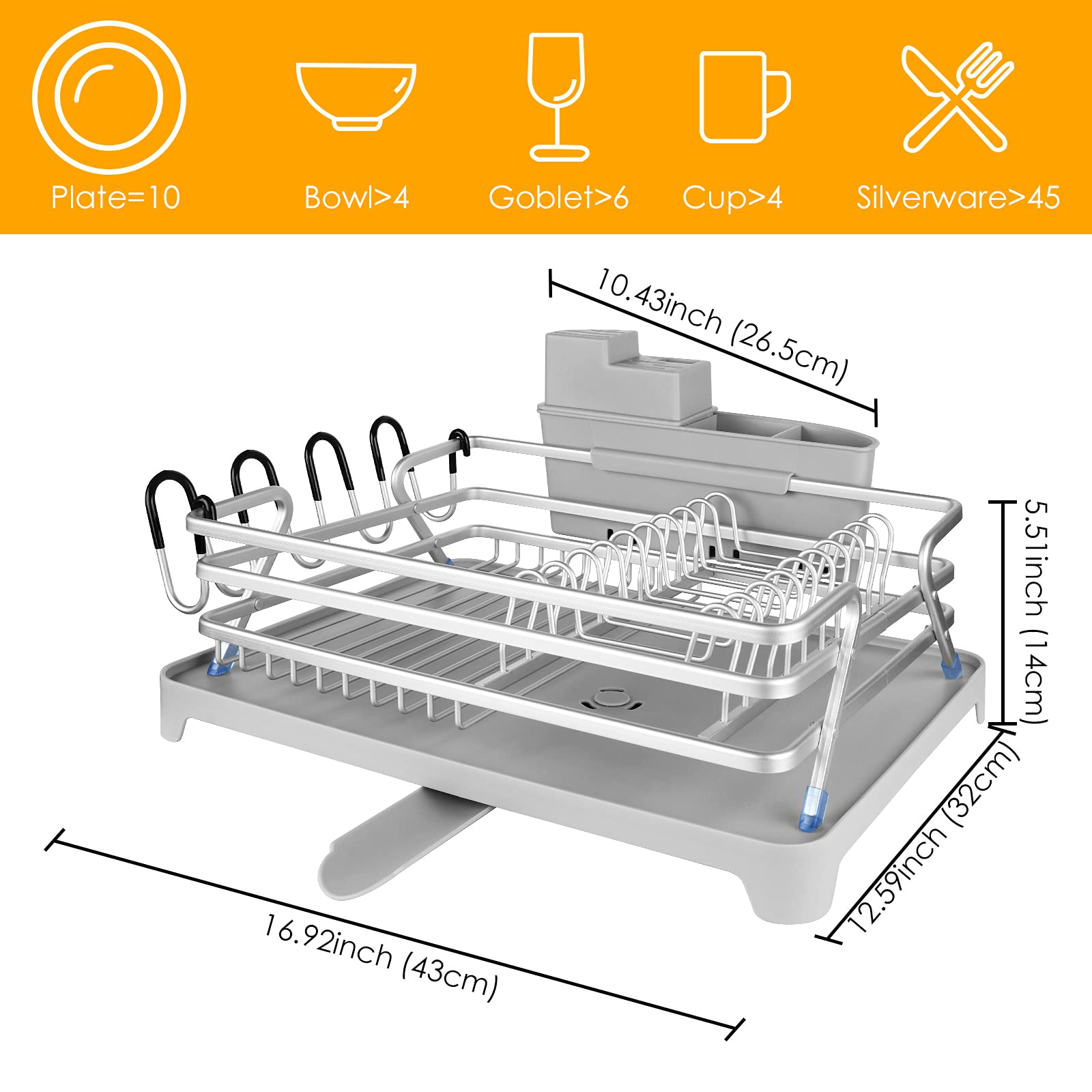 Linkidea Aluminum Dish Drying Rack, 16.9" x 12.6" Compact Rustproof Dish Rack and Drainboard Set, Dish Drainer Strainers with Adjustable Drainage and Removable Cutlery and Cup Holder Fit Kitchen