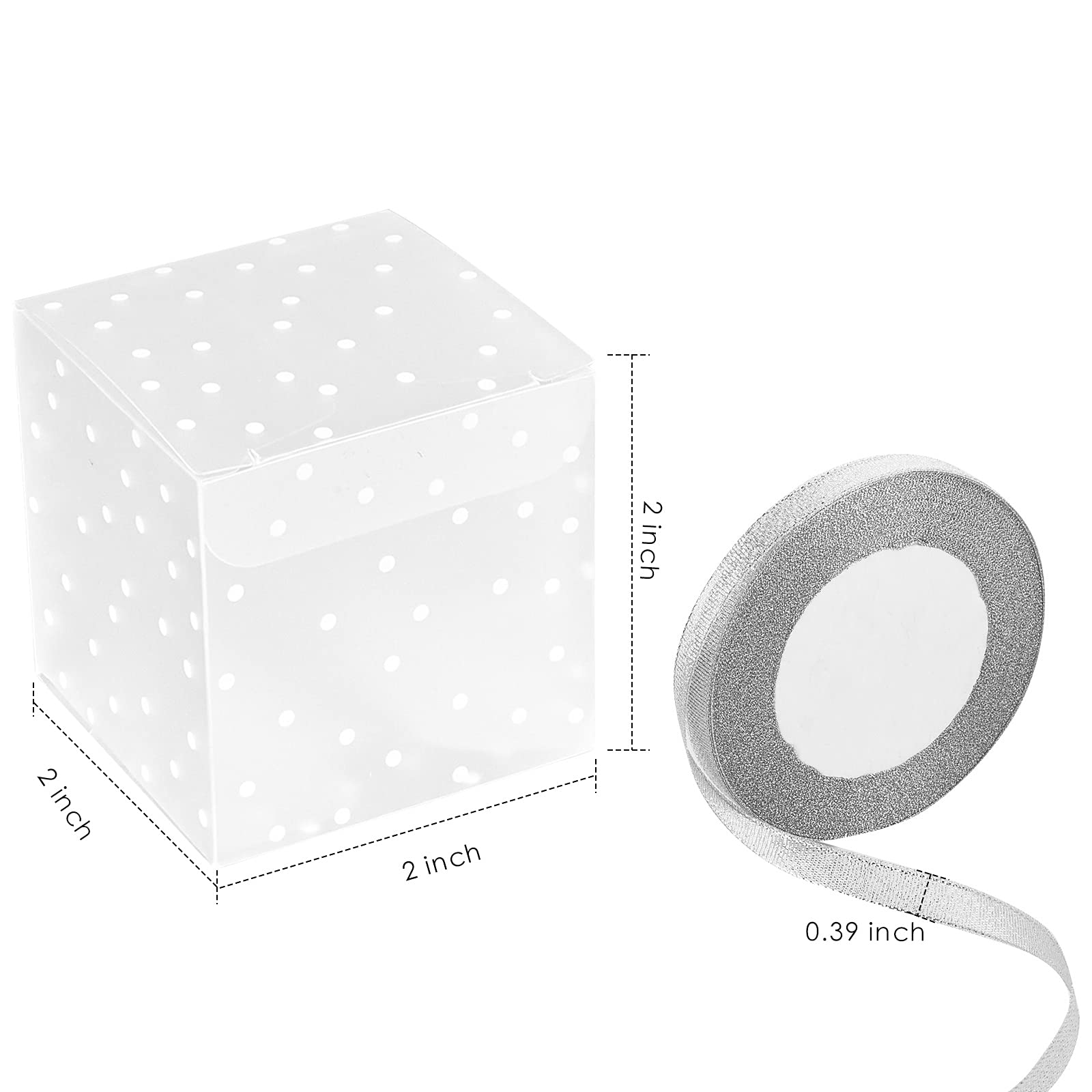 Ocmoiy 50Pcs Clear Favor Boxes for 2 Macarons 2 x 2 x 2 Inches White Dot Minigift Candy Boxes with Silver Ribbons Wedding Bridal Shower Baby Shower Christmas Party Favor Boxes