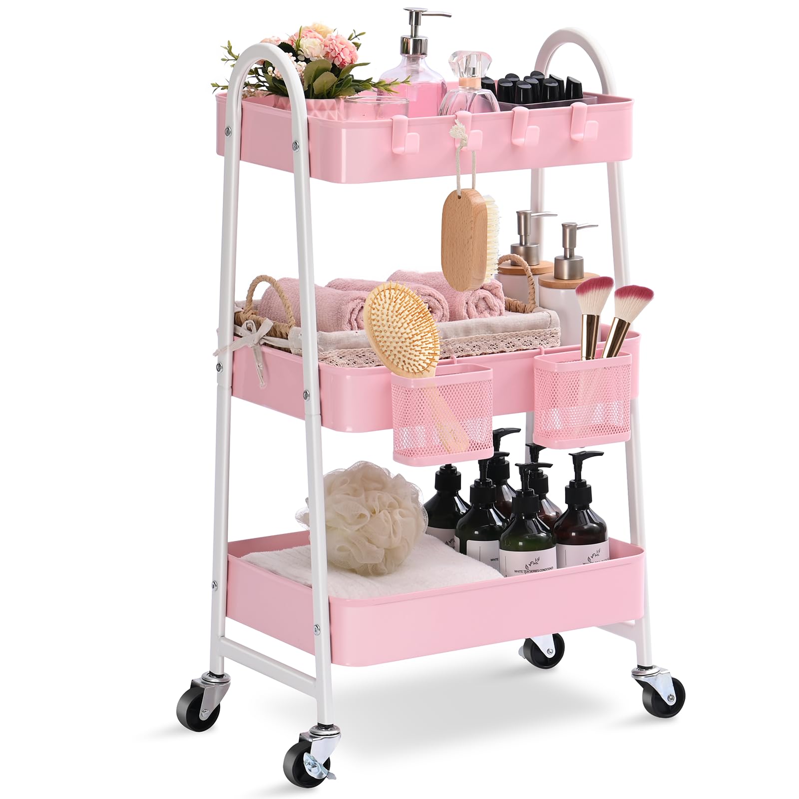 KINGRACK 3 Tier Utility Rolling Cart,Metal Rolling Storage Cart,Craft Art Cart with Handle and Locking Wheels & 2 Hanging Baskets 4 Hooks for Bathroom,Kids'Room,Classroom,Bedroom,Pink