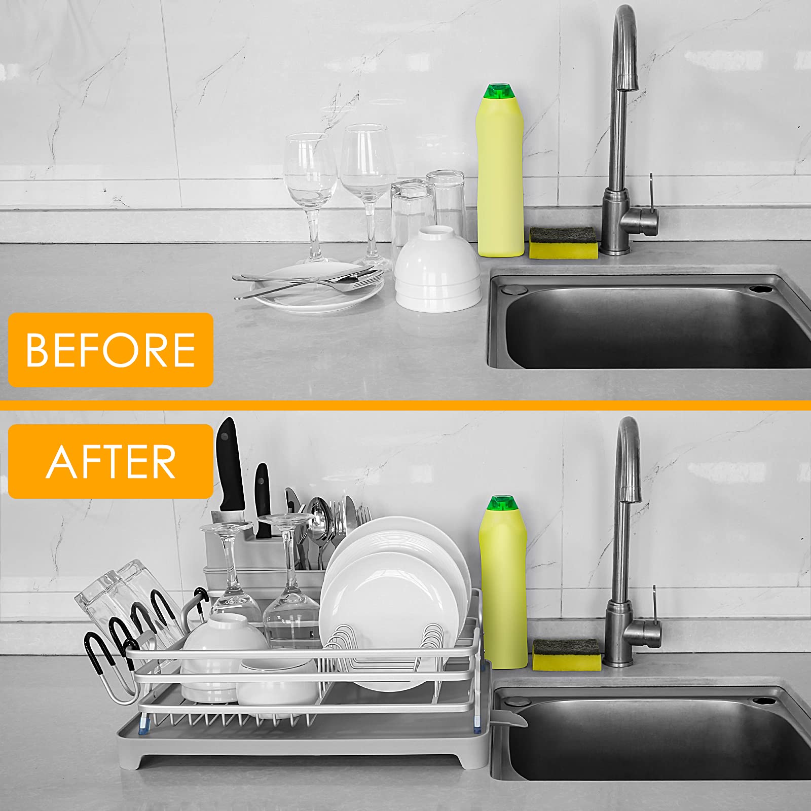 Linkidea Aluminum Dish Drying Rack, 16.9" x 12.6" Compact Rustproof Dish Rack and Drainboard Set, Dish Drainer Strainers with Adjustable Drainage and Removable Cutlery and Cup Holder Fit Kitchen