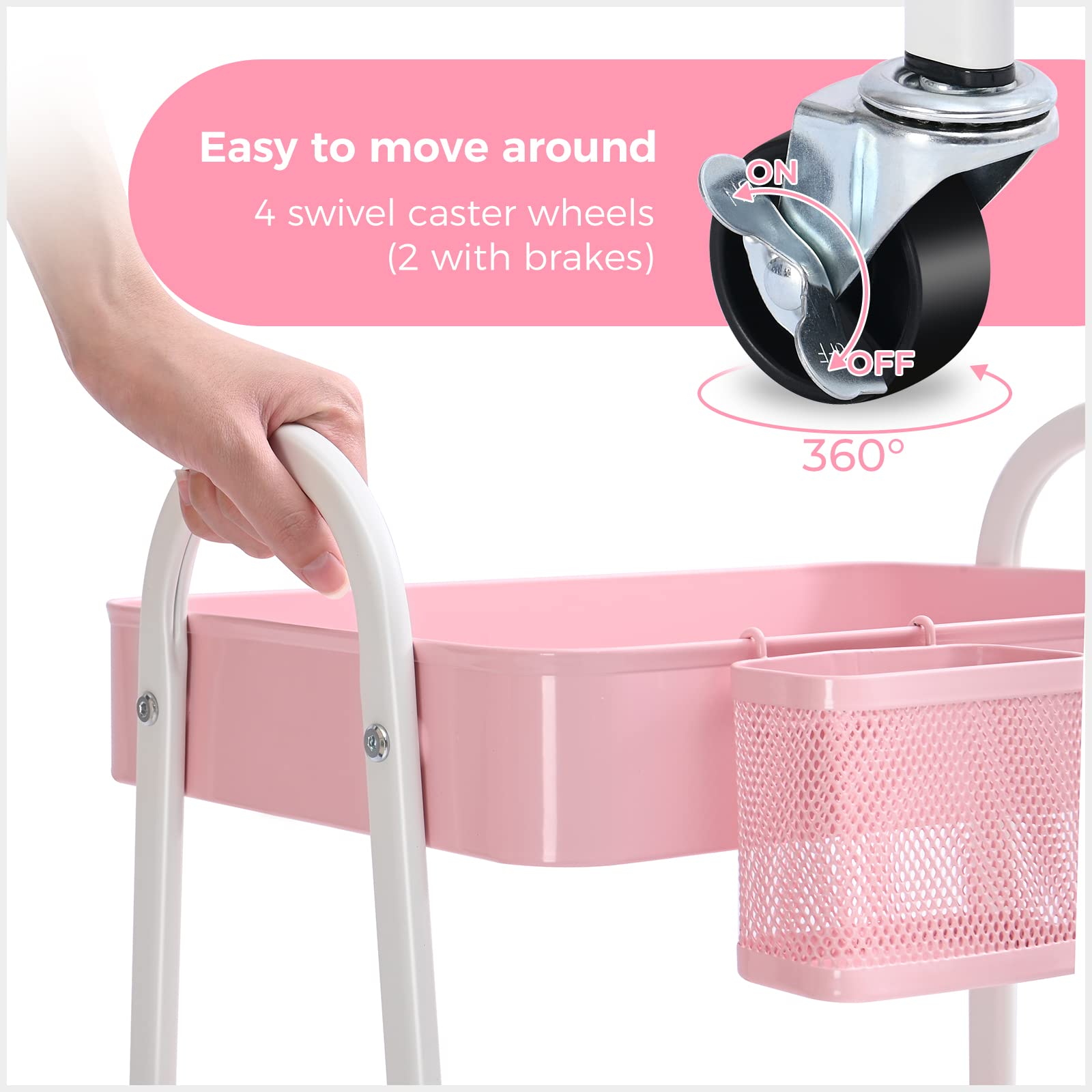 KINGRACK 3 Tier Utility Rolling Cart,Metal Rolling Storage Cart,Craft Art Cart with Handle and Locking Wheels & 2 Hanging Baskets 4 Hooks for Bathroom,Kids'Room,Classroom,Bedroom,Pink