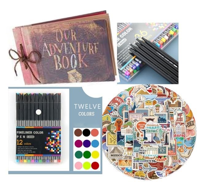 Our Adventure Scrapbook Kit â Includes 40 pgs of Brown cardstock, 12pc FineLiner Pen Set & 100 pc Travel Stickers - Gift Ideas (Wedding, Birthday, Traveler) â Hard Cover â Thick Paper. Versatile