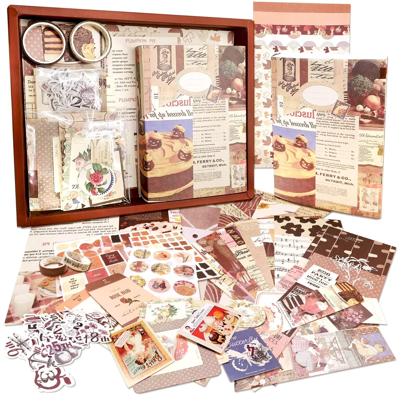 348pcs Vintage Scrapbooking Supplies Kit, Aesthetic Scrapbook Kit with Scrap Book Paper Junk Journaling Supplies A6 Grid Notebook Washi Stickers ,Bullet Journals Supplies for Teens Kids Girls Women