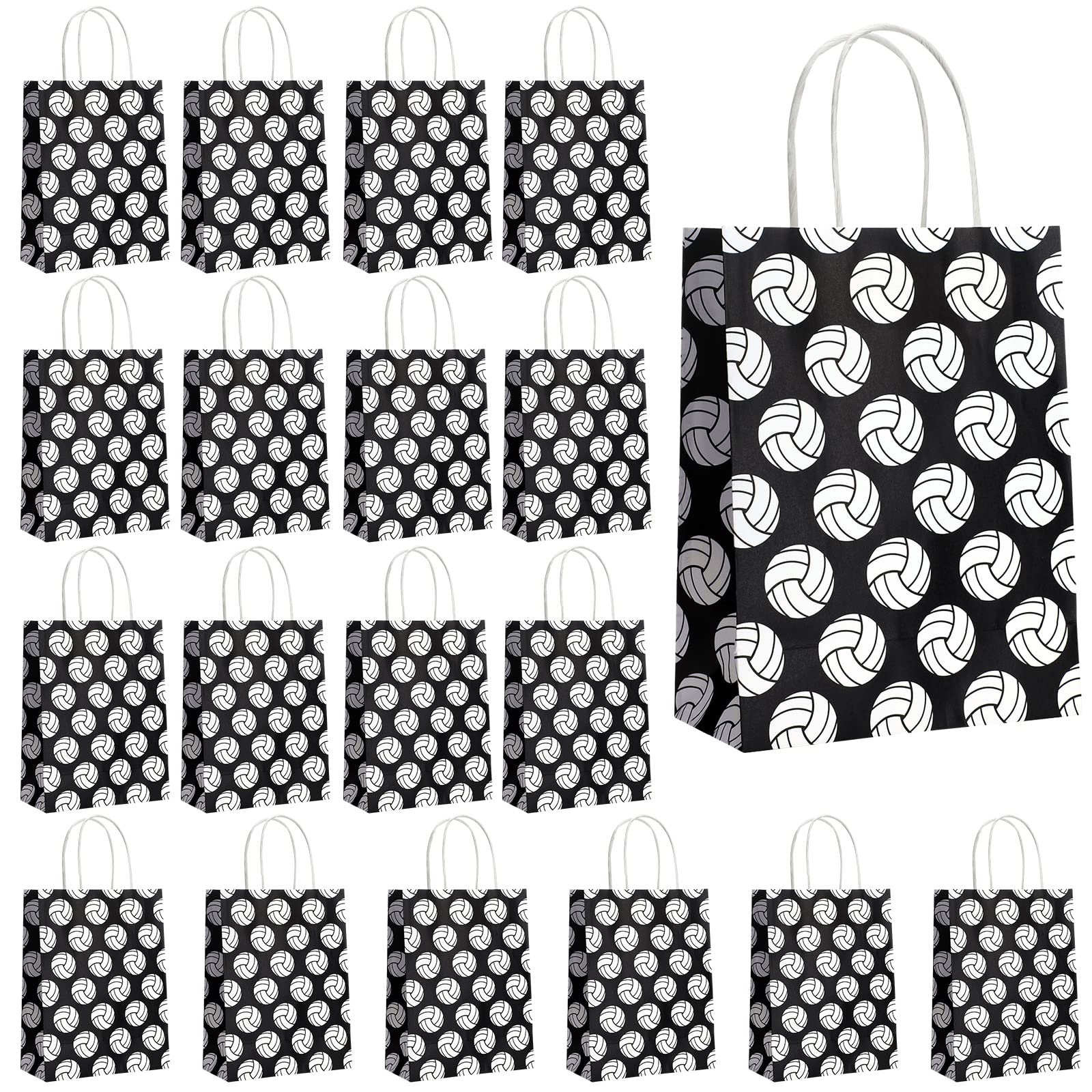 18 Pcs Volleyball Party Treat Bags Volleyball Goody Treat Bag with Handle Black Volleyball Paper Bag Kraft Goodie Candy Bags for Sport Theme Birthday Party Decor (Black Backing, Multi Volleyball Style)