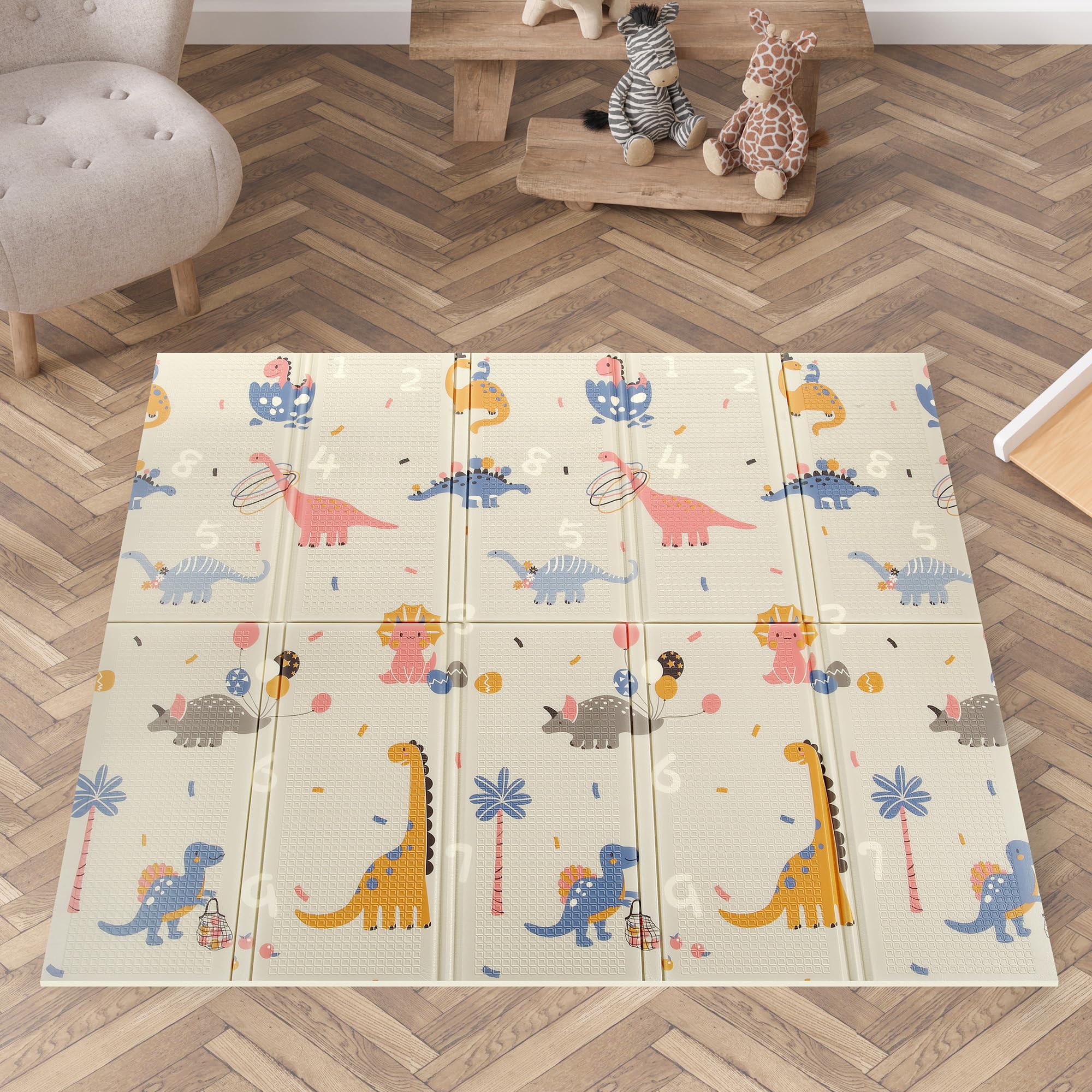 Easy Baby Extra Large and Thick (0.6in) Foam Play Mat for Babies and Toddlers | Nontoxic, Foldable, Washable, and Waterproof Playmat 77” x 70” (Dinosaurs Pattern)
