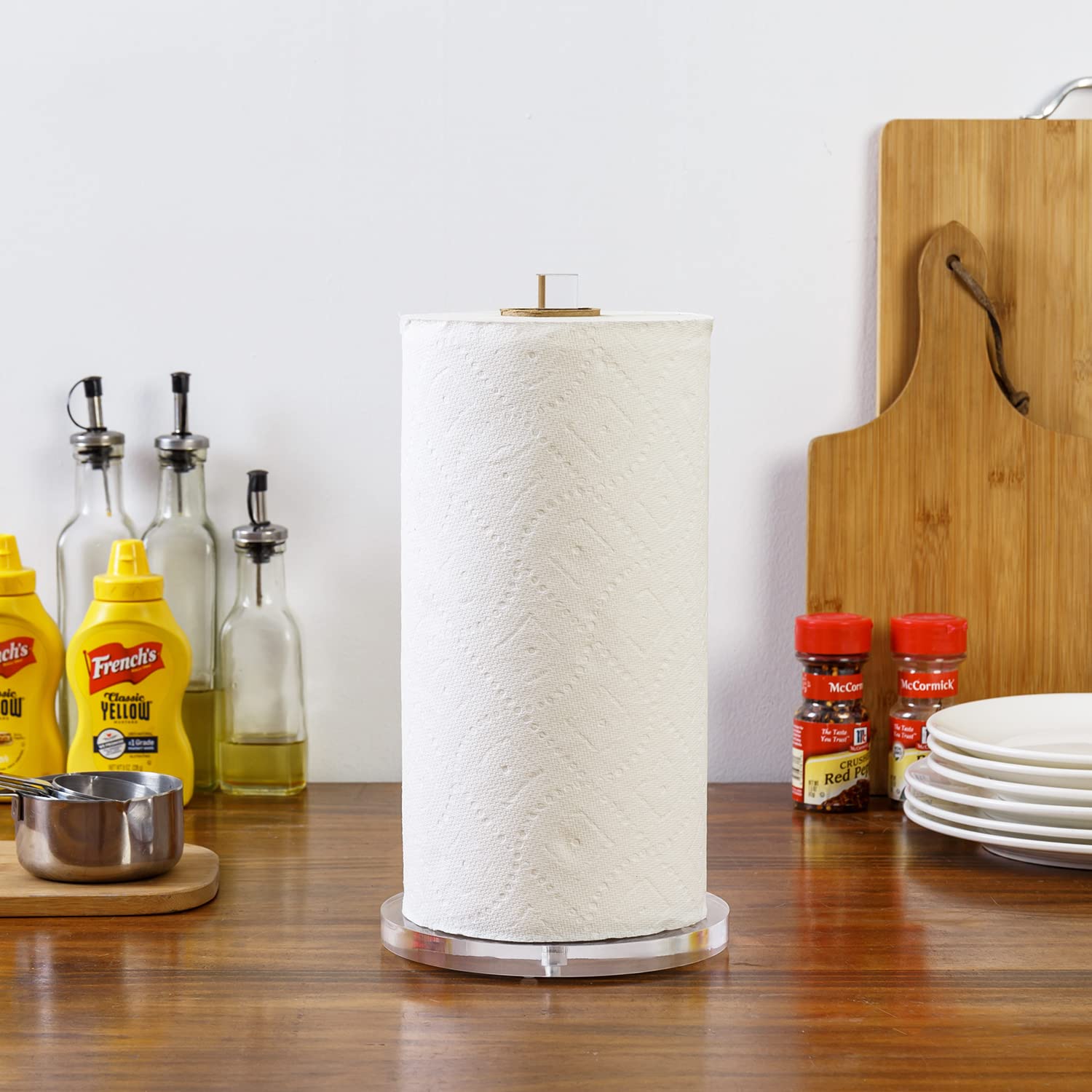 MyGift Modern Clear Premium Acrylic Standing Paper Towel Roll Upright Holder, Minimalist Transparent Countertop Disposable Kitchen Towels Dispenser Stand