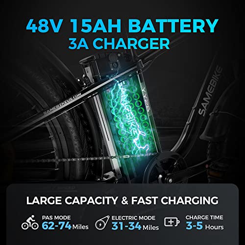 SAMEBIKE 750W Fat Tire Electric Bike 26'' Electric Mountain Bike 48V 15AH Battery with 3A Fast Charger, 28MPH Adult Electric Bicycles Suspension Fork, Shimano 7 Speed Shifting for Trail Riding