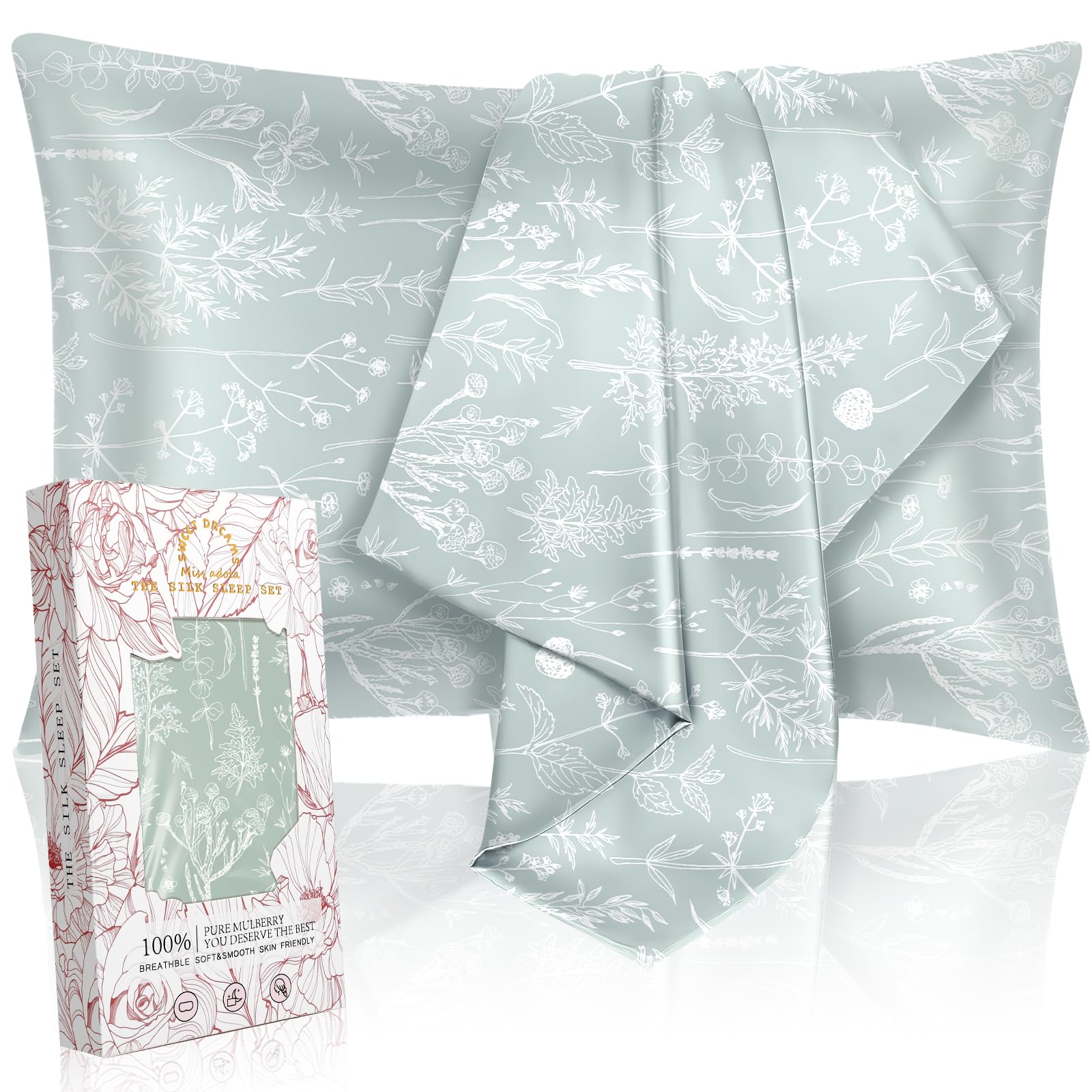 Miss Adola 2 Pack Mulberry Silk Pillow Case for Hair and Skin 19 Momme Standard 26"x20" Floral Plants Sage Green Silk Pillowcase Soft Smooth Silk Pillowcase Sleeping for Moms, Women