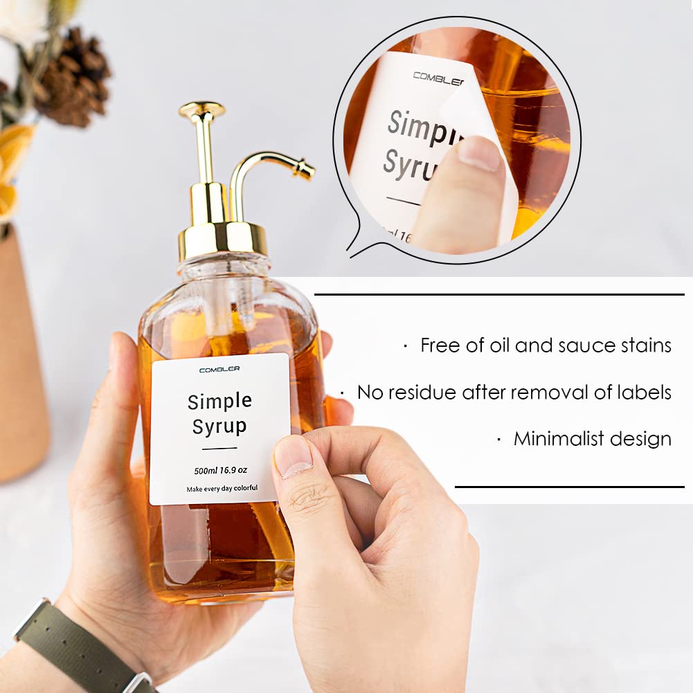 Combler Coffee Syrup Dispenser for Coffee Bar Accessories, 16.9oz 500ml Syrup Bottles 2pcs Set, Glass Syrup Dispenser w. Gold Pumps and Labels, Coffee Accessories for Cinnamon, Vanilla, Caramel, Gifts