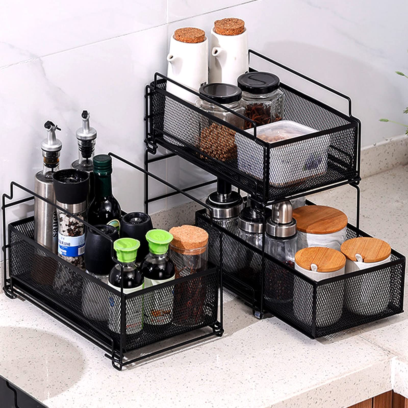 under sink organizers and storage, Xinwukeji Pull Out Cabinet Organizer 2-Tier Slide Out Sliding Shelf Under Cabinet Storage Multi-Use for Under Kitchen Bathroom Under sink organizer