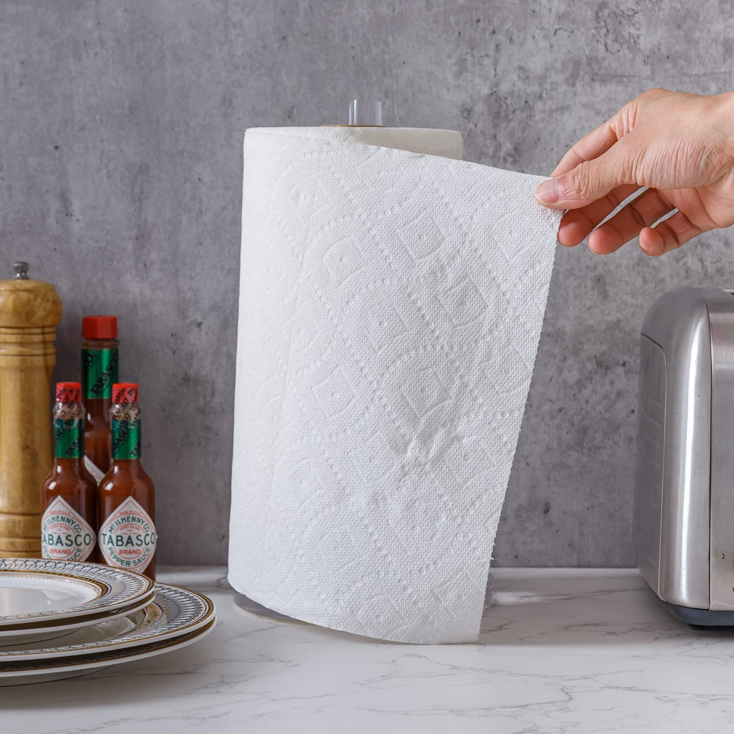 MyGift Modern Clear Premium Acrylic Standing Paper Towel Roll Upright Holder, Minimalist Transparent Countertop Disposable Kitchen Towels Dispenser Stand