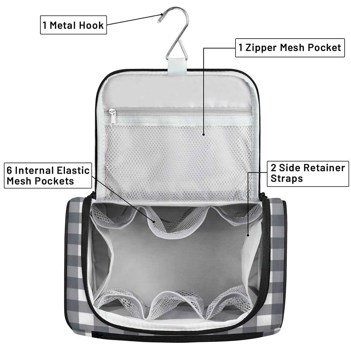 QsirBC Black Scrapbook Design Travel Cosmetic Makeup Bags with Multiple Compartments, Water-resistant Hanging Toiletry Organizer wtih Metal Hook for Bathroom Toiletries, Shaving Kit Bag