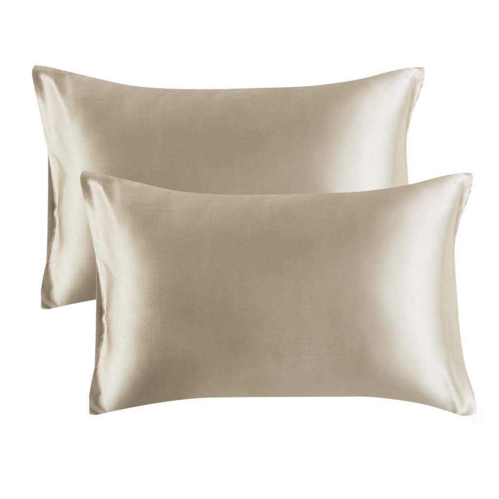 Satin Pillowcase for Hair and Skin Silk Pillow Case 2 Pack, Standar, Queen, and King Size, Slip Cooling Set of 2 with Envelope Enclosure (Khaki, Queen (U.S. Standard))