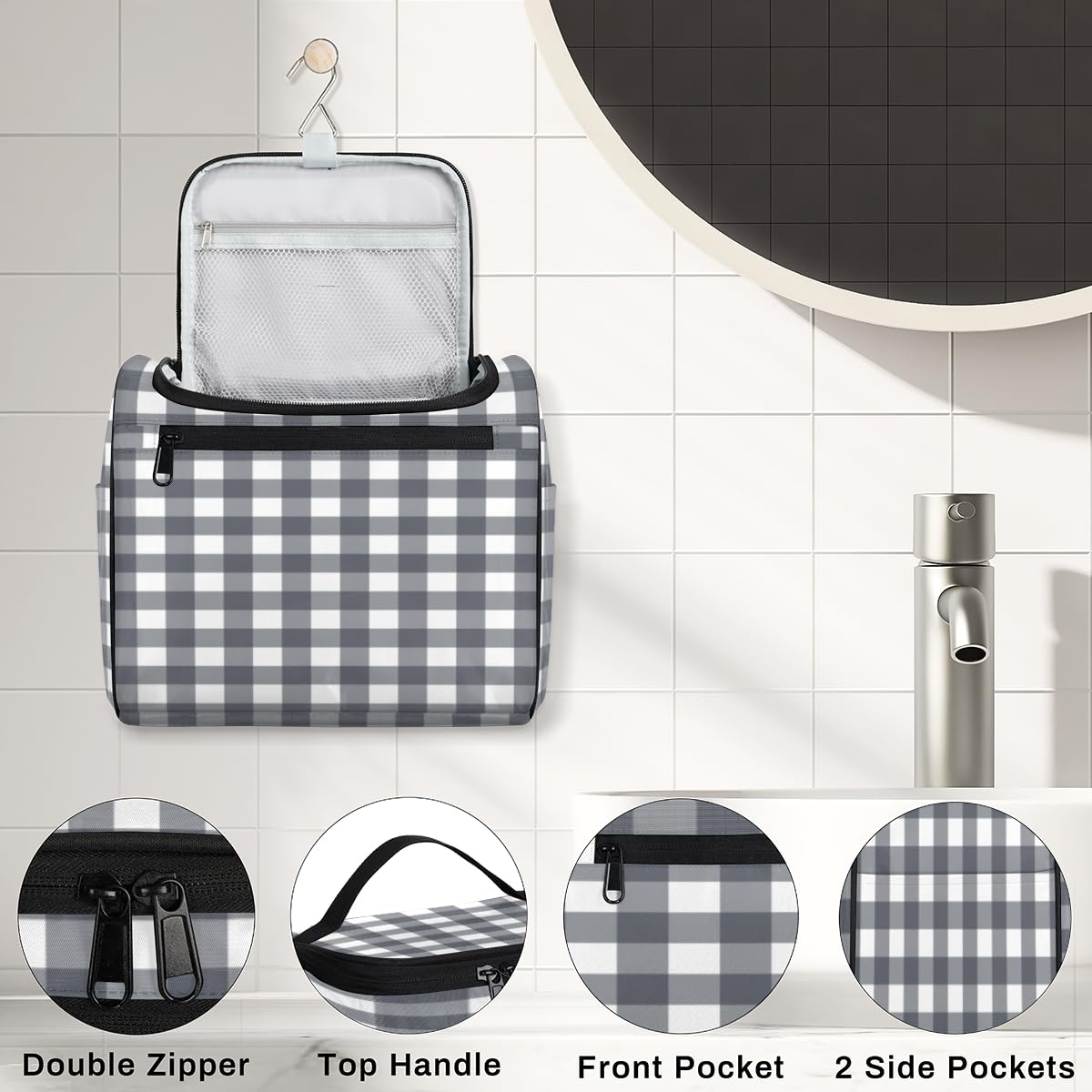 QsirBC Black Scrapbook Design Travel Cosmetic Makeup Bags with Multiple Compartments, Water-resistant Hanging Toiletry Organizer wtih Metal Hook for Bathroom Toiletries, Shaving Kit Bag