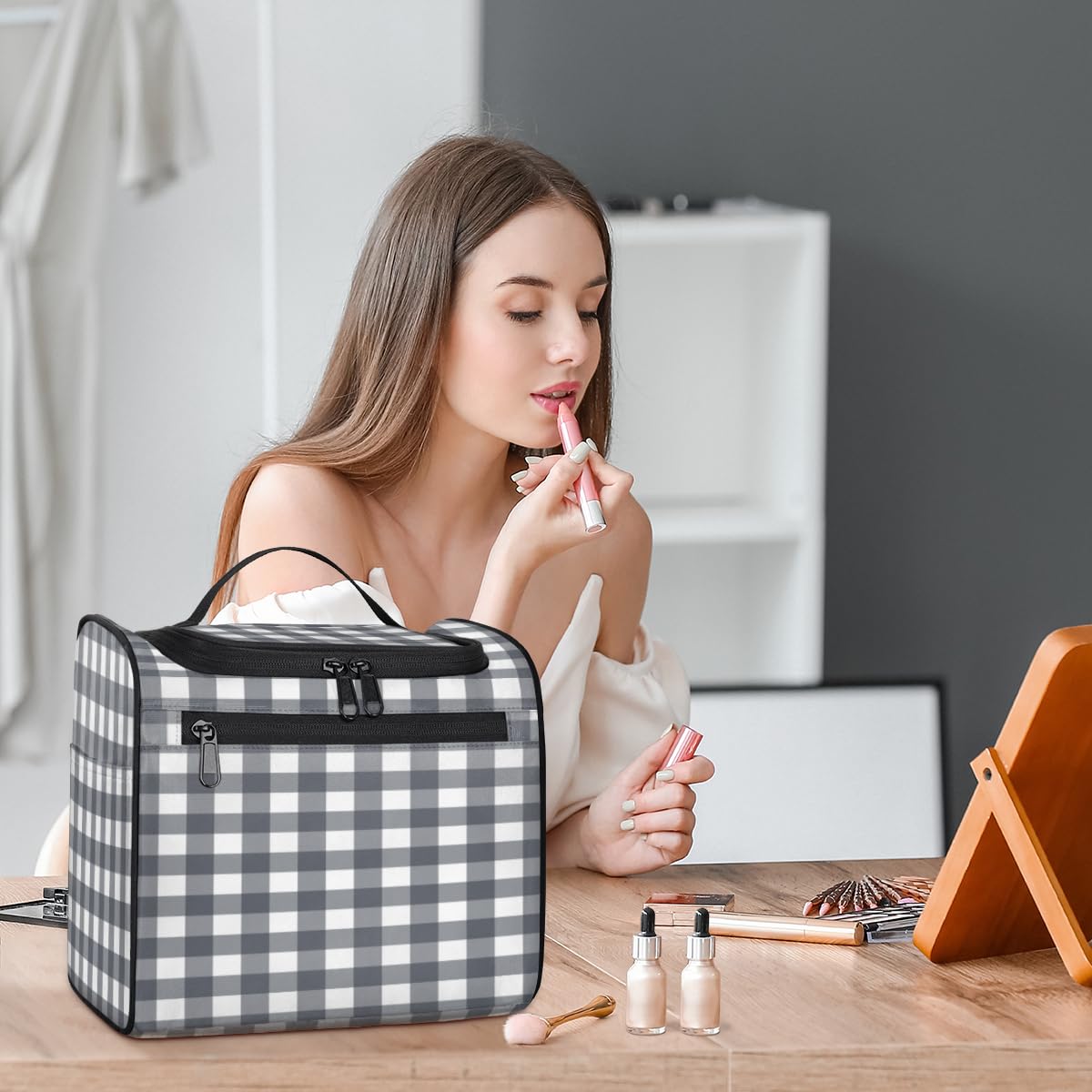 QsirBC Black Scrapbook Design Travel Cosmetic Makeup Bags with Multiple Compartments, Water-resistant Hanging Toiletry Organizer wtih Metal Hook for Bathroom Toiletries, Shaving Kit Bag