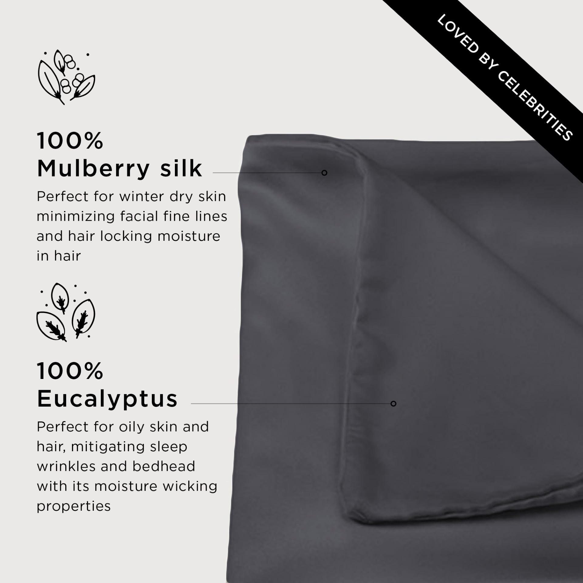 NGHT Reversible Silk Pillowcase: 100% Mulberry Silk one Side, 100% Eucalyptus Other Side - Anti-Slip Silk Pillow Covers for Soft Hair & Skin - 30” x 20” Queen Size Standard Size