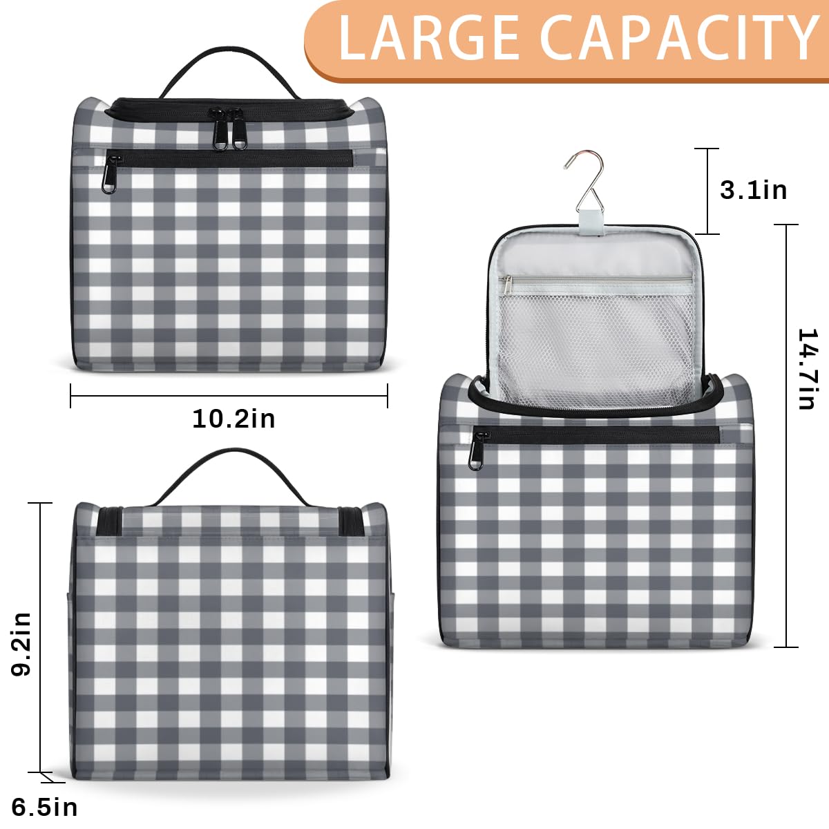 QsirBC Black Scrapbook Design Travel Cosmetic Makeup Bags with Multiple Compartments, Water-resistant Hanging Toiletry Organizer wtih Metal Hook for Bathroom Toiletries, Shaving Kit Bag