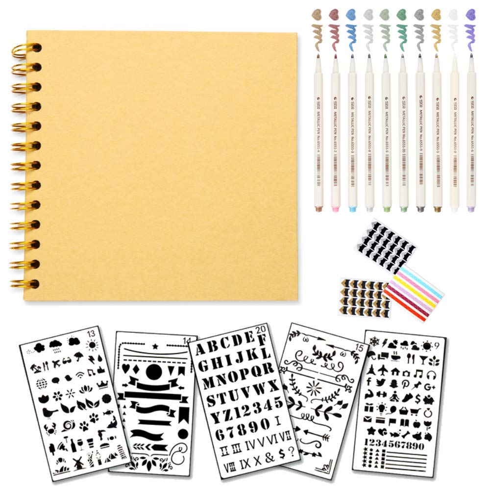 Vexko Scrapbook Bullet Journal Kit: 1 Scrapbook: [7X7 Inches] 20 Sheets, Hardcovers, Black Pages + Scrapbook Supplies: 5 Stencils, 10 Metallic Markers, 3 Sheets of Photo Corners | DIY Photo Album