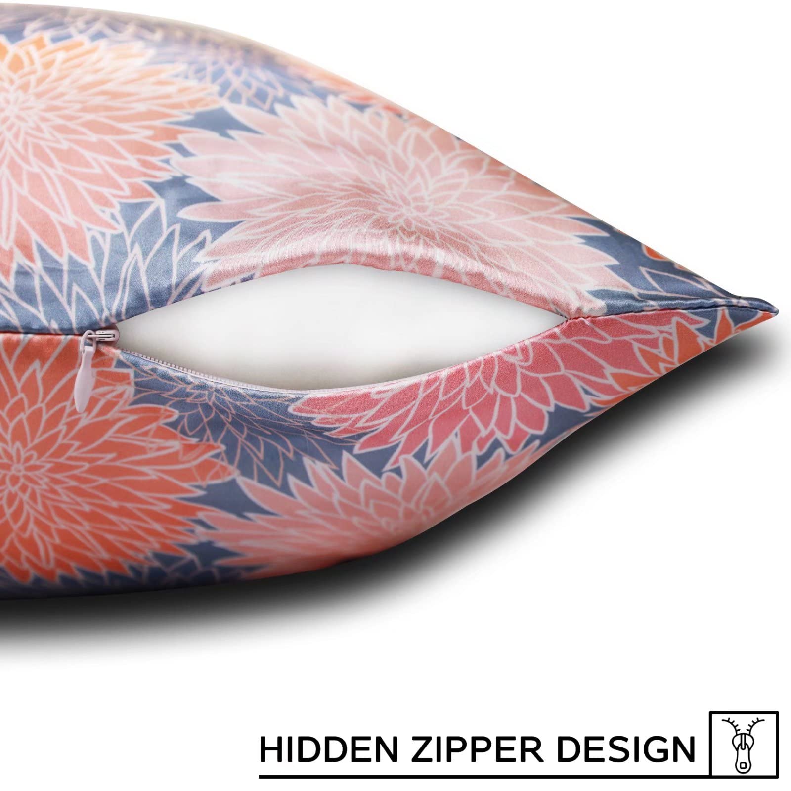 FELYSIK Pink Blue Floral Print Silk Pillowcase for Hair and Skin - Standard 20"x26", 22 Momme 100% Mulberry Silk Pillow Cases with Zipper