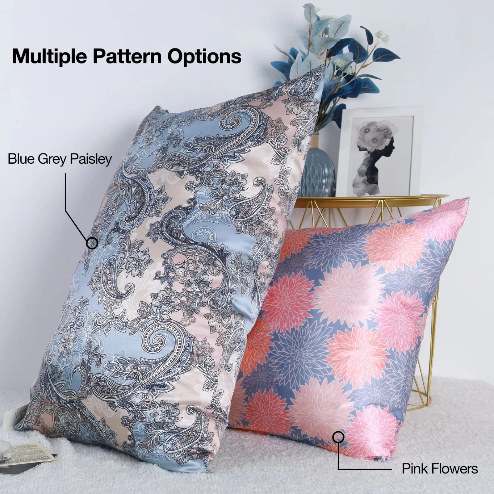 FELYSIK Pink Blue Floral Print Silk Pillowcase for Hair and Skin - Standard 20"x26", 22 Momme 100% Mulberry Silk Pillow Cases with Zipper