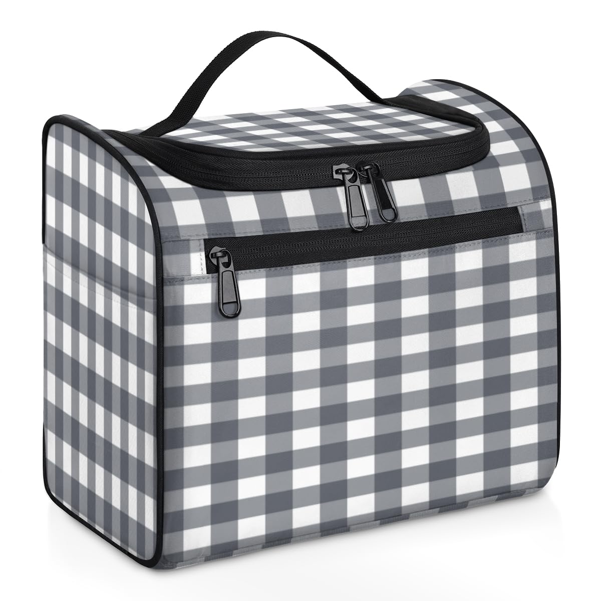 QsirBC Black Scrapbook Design Travel Cosmetic Makeup Bags with Multiple Compartments, Water-resistant Hanging Toiletry Organizer wtih Metal Hook for Bathroom Toiletries, Shaving Kit Bag